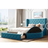China Manufactory furniture SGS report 2m 2.2m king queen navy blue Luxury velvet round storage bed with drawer for hotel for sale