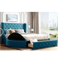 China Manufactory furniture SGS report 2m 2.2m king queen navy blue Luxury velvet round storage bed with drawer for hotel for sale