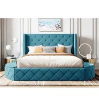 China Manufactory furniture SGS report 2m 2.2m king queen navy blue Luxury velvet round storage bed with drawer for hotel for sale