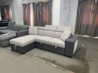 China OEM/ODM Furniture Contrast colors linen fabric loveseat with pull-out bed and storage chaise with stools sofa bed sets for sale
