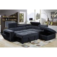 China European new arrival dark blue single futon with storage 2seater+chaise chenille fabric shaped sleeper sofa bed sofa cum for sale