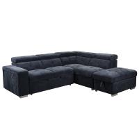 China European new arrival dark blue single futon with storage 2seater+chaise chenille fabric shaped sleeper sofa bed sofa cum for sale