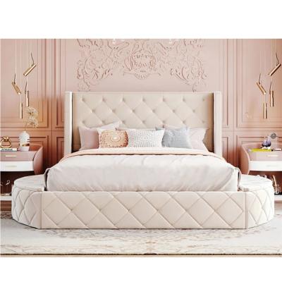 China OEM/ODM Turkey simple sleeping bed beige round velvet furniture wooden frame king size Queen size Double size w/ drawer for sale