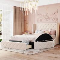 China OEM/ODM Turkey simple sleeping bed beige round velvet furniture wooden frame king size Queen size Double size w/ drawer for sale
