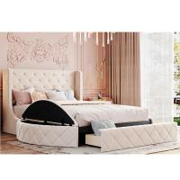 China OEM/ODM Turkey simple sleeping bed beige round velvet furniture wooden frame king size Queen size Double size w/ drawer for sale