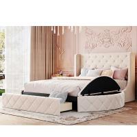China OEM/ODM Turkey simple sleeping bed beige round velvet furniture wooden frame king size Queen size Double size w/ drawer for sale
