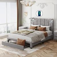 China Luxury America Queen Size high quality wood frame Velvet fabric Platform Bed with a Big Drawer and USB charger for Bedro for sale