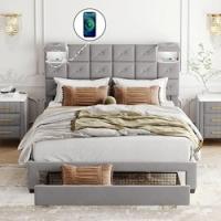 China Luxury America Queen Size high quality wood frame Velvet fabric Platform Bed with a Big Drawer and USB charger for Bedro for sale