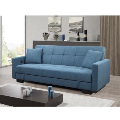China Comfortable blue color modern transformable fabric sofa bed folding futon with USB for sale