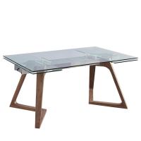 China Tempered Glass Top Luxury Modern Dining Table Set Extendable With Walnut Veneer Legs for sale