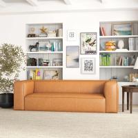 China Modern Elegant Popular Wood Stain Walnut Upholstery Color Tan PU Minimalist Tofu Sofa for sale