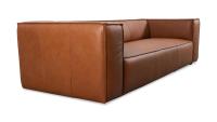 China Modern Elegant Popular Wood Stain Walnut Upholstery Color Tan PU Minimalist Tofu Sofa for sale