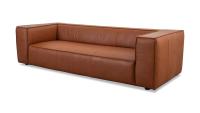 China Modern Elegant Popular Wood Stain Walnut Upholstery Color Tan PU Minimalist Tofu Sofa for sale