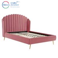China 12287 Hot Selling Pink Fabric Wood Frame Metal Leg Bed Luxury Queen Size Bed Frames for sale