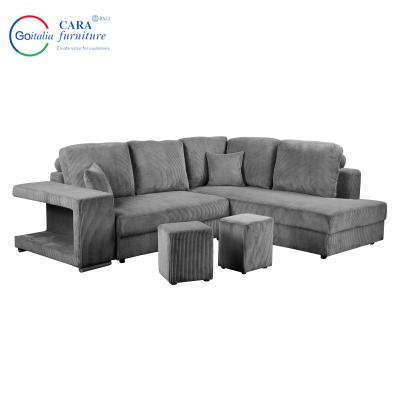 China Multifunctional Wood Frame Fabric Cover L Shape Mobile Sofa Footstool Grey Blue Sofa Bed for sale