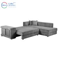 China Multifunctional Wood Frame Fabric Cover L Shape Mobile Sofa Footstool Grey Blue Sofa Bed for sale