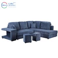China Multifunctional Wood Frame Fabric Cover L Shape Mobile Sofa Footstool Grey Blue Sofa Bed for sale