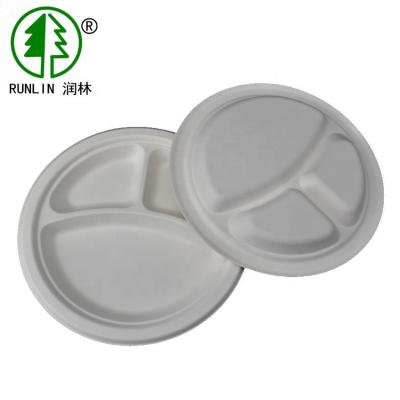 China Eco Round Bagasse Biodegradable Food Trays Round 3 Compartment Takeaway Containers for sale