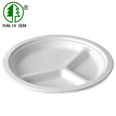 China Biodegradable Sugarcane Bagasse White color 3 Compartments Round Plates for sale