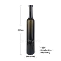 China Bar Closure Slender Glass Ice Wine Bottle 500ml Antique Green Flint 540g 1422C for sale