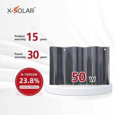 China 50W BIPV Red Solar Roof Tile Topcon Mono Cell Flat Glass Tile 685x420mm for Curved Roof for sale