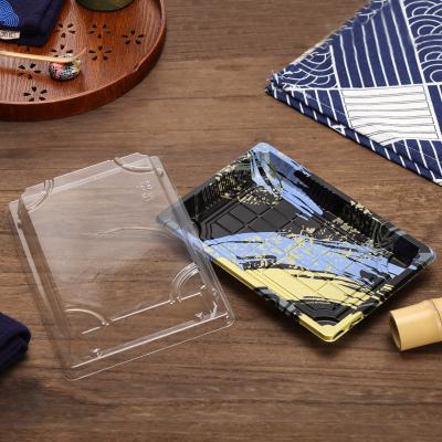China Customized Size Logo Disposable PET Plastic Sushi Tray With Cover Takeaway Food Container for sale