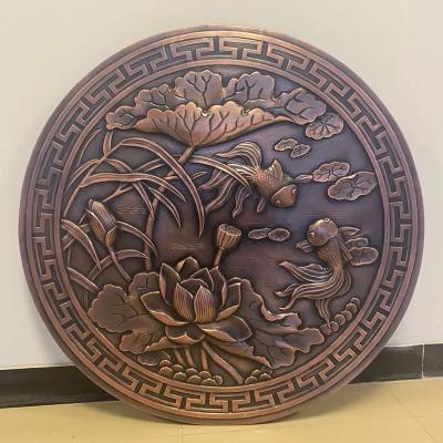 China Round Forged Copper Relief Bronze Wall Hanging Decor Lotus Fish Pattern for sale