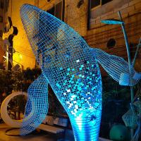 China Hollow Mesh Whale Stainless Steel Sculpture Outdoor Aquatic Metal Statue for sale
