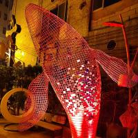 China Hollow Mesh Whale Stainless Steel Sculpture Outdoor Aquatic Metal Statue for sale