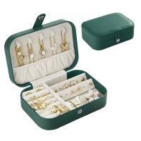 China Green PU Leather Jewelry Organizer Box with Velvet Lining 16 × 11 × 5 cm Compact Travel Storage Case for sale