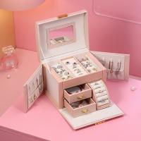 China Pink 3 Layer Large Capacity Jewelry Box with Mirror and Portable Handle for sale