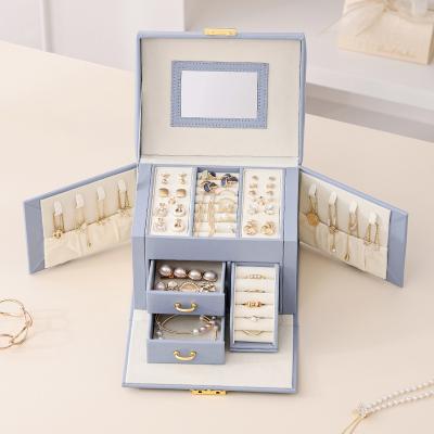 China Blue PU Leather Jewelry Box with Mirror Design 18 × 15 × 14 cm Jewelry Organizer for sale