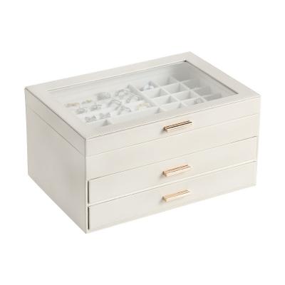China PU Leather Jewelry Box with Glass Lid and Magnetic Closure - 3 Layer Desktop Organizer for Jewelry Storage for sale