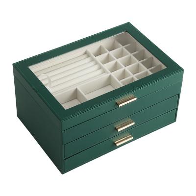 China Green PU Leather 3 Layer Jewelry Box with Glass Lid for Large Desktop Storage for sale