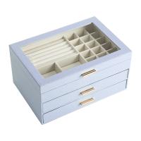 China Blue PU Leather Jewelry Box with Flip Lid and Transparent Window for Large Desktop Storage for sale