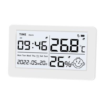 China Digital Room Thermometer With Clock Humidity Meter Built-in Battery, Plastic Home Thermometer USB Charging Humidity Thermometer for sale