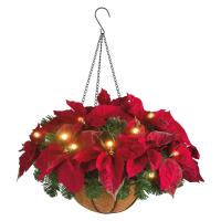 China Pre Lit Fake Poinsettia Hanging Basket With LED Lights OEM for sale