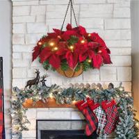 China Pre Lit Fake Poinsettia Hanging Basket With LED Lights OEM for sale