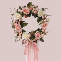 China Spring Rose Artificial Fake Flower Wreath Wall Hanging Weatherproof for sale