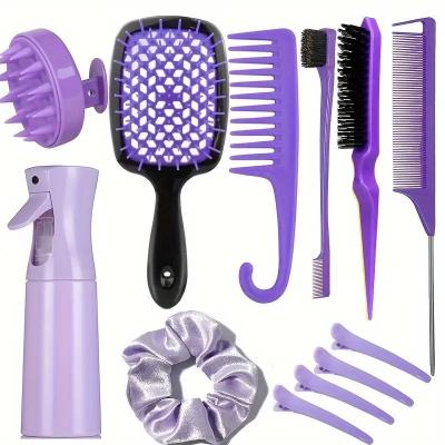 China Plastic Massage Hair Detangling Brush And Comb Set Hair Styling Tool Purple for sale