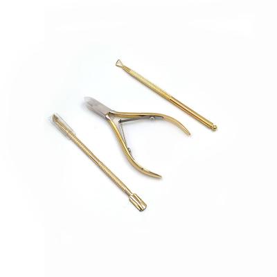 China Gold Color Nail Nipper Pusher Stainless Steel Cuticle Nipper Set Manicure Pedicure for sale