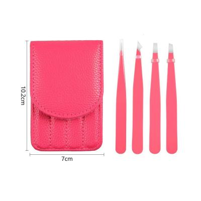 China Eyebrow Hair Removal Kit 4pcs Stainless Steel Slant Pointed Tweezers Leather Case for sale