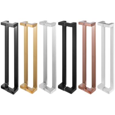 China Modern Large Black Titanium Gold Frame Glass Door Handle Double Bent Hotels Aluminium Material Stainless Steel Square Tube for for sale