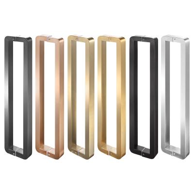 China Large Modern Frameless Office Building Rose Black Titanium Glass Door Square Stainless Steel Tube Wooden Door Handle Durable for sale