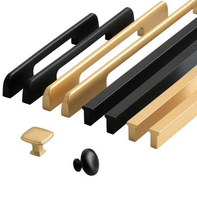 China Modern Minimalist Gold Handle Black Extended Durable Cabinet Kitchen Bedroom Hotel Aluminum Alloy Zinc Knob Wardrobe Drawer for sale