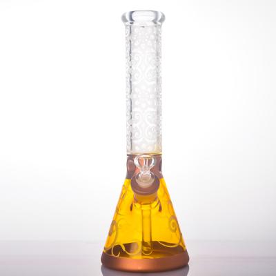 China Glass Beaker Bong 14″ Engraved Sand Blasted Cloud Clear Glass Beaker Bongs for sale