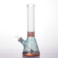 China Glass Beaker Bong 14″ Engraved Sand Blasted Cloud Clear Glass Beaker Bongs for sale