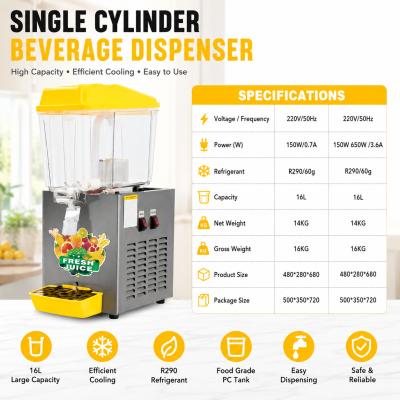 China Commercial Juice Dispenser 16L Single Tank, Electric Cold Beverage Drink Dispenser Machine with Stirring, 304 Stainless Steel Body, Food Grade PC Bowl, Refrigerated Fruit for sale