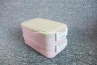 China Tableware double layer stailness steel insulated lunch box PP plastic bento food box with wooden style lid for sale