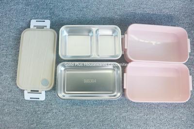 China Tableware double layer stailness steel insulated lunch box PP plastic bento food box with wooden style lid for sale